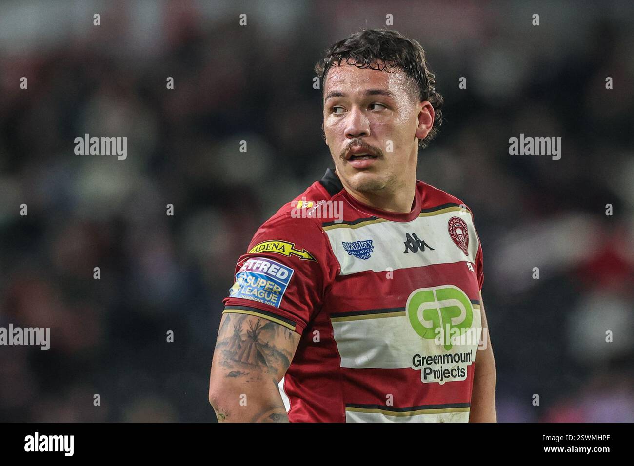 Hull, UK. 21st Feb, 2025. Tyler Dupree of Wigan Warriors during the ...
