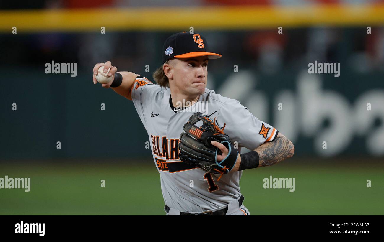 Oklahoma State infielder Brock Thompson (1) throws during an NCAA ...