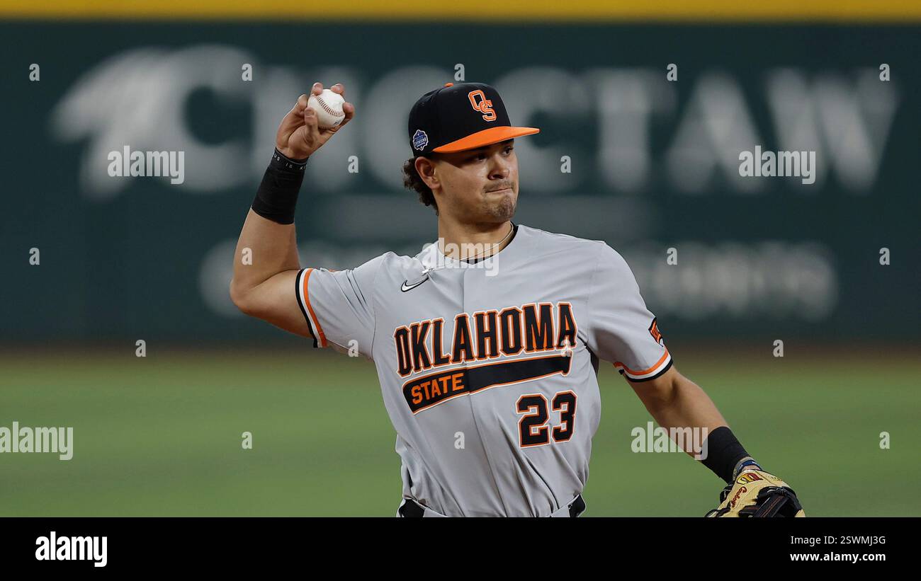 Oklahoma State infielder Jayson Jones (23) throws during an NCAA ...
