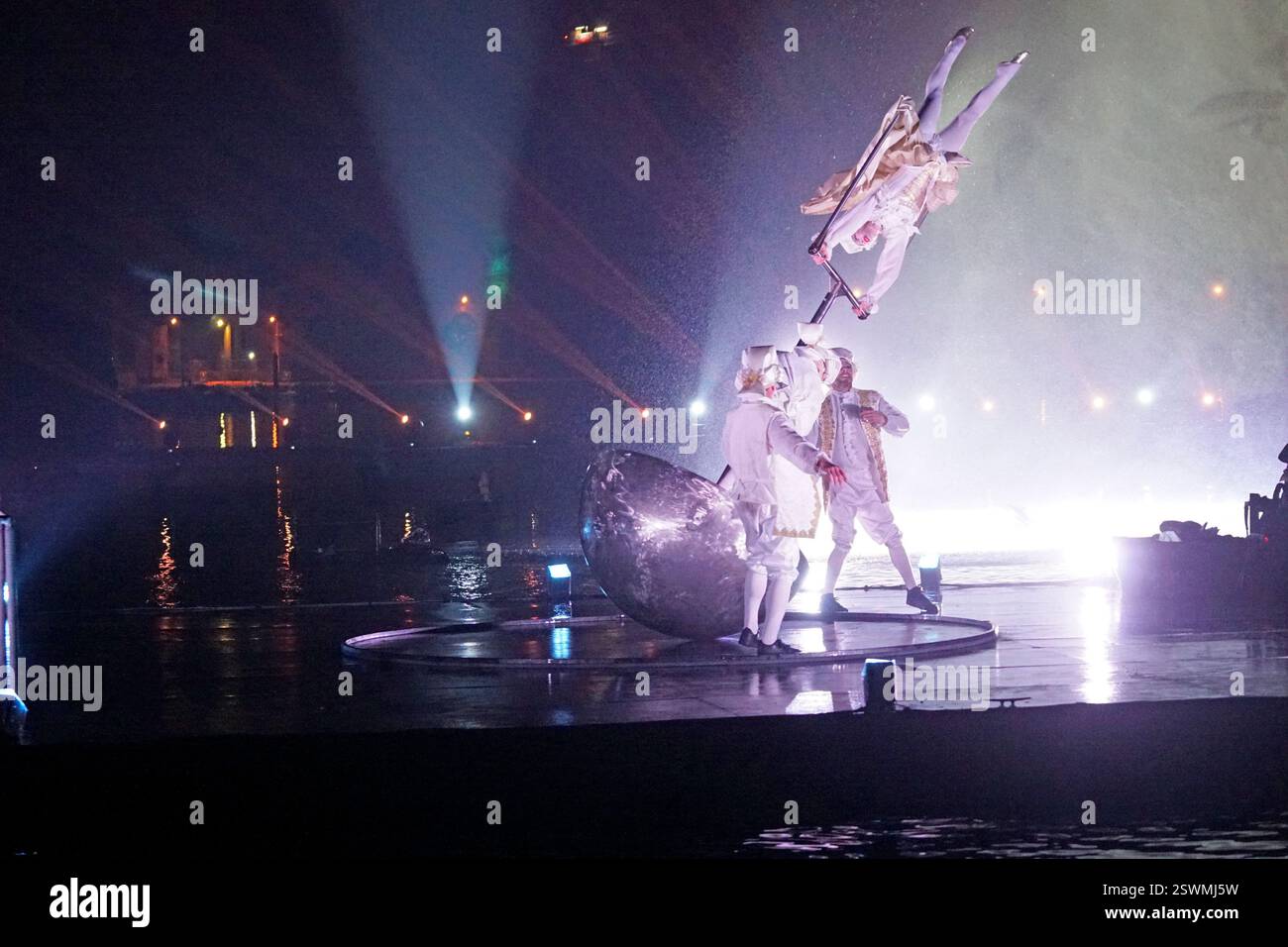 Cast members perform in a show on water titled 'Giacomo. A love story ...