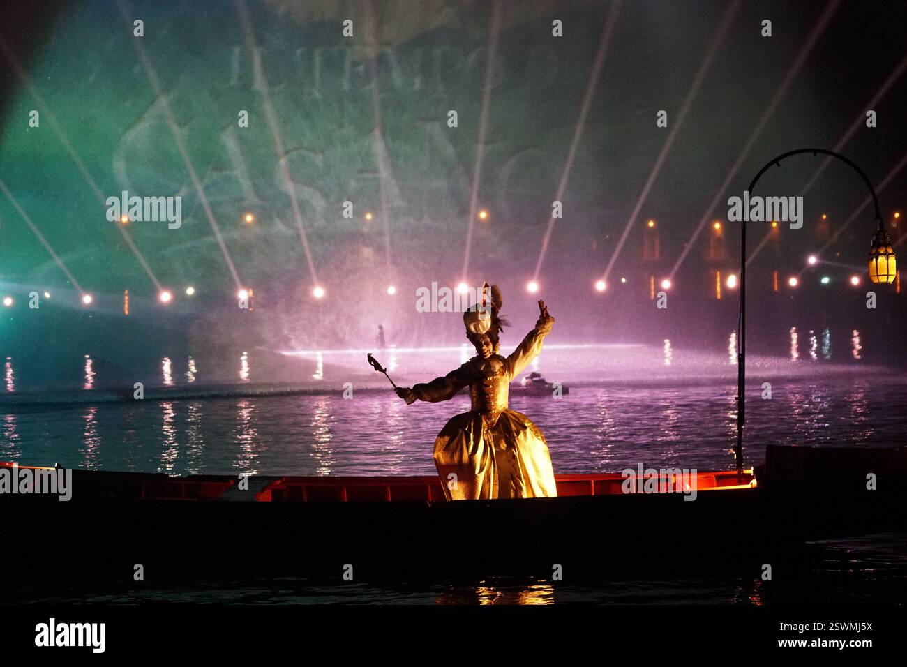 Cast members perform in a show on water titled 'Giacomo. A love story ...