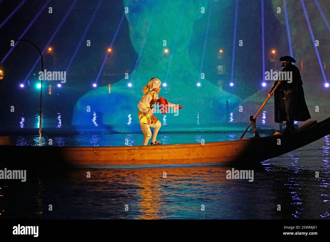 Cast members perform in a show on water titled 'Giacomo. A love story ...