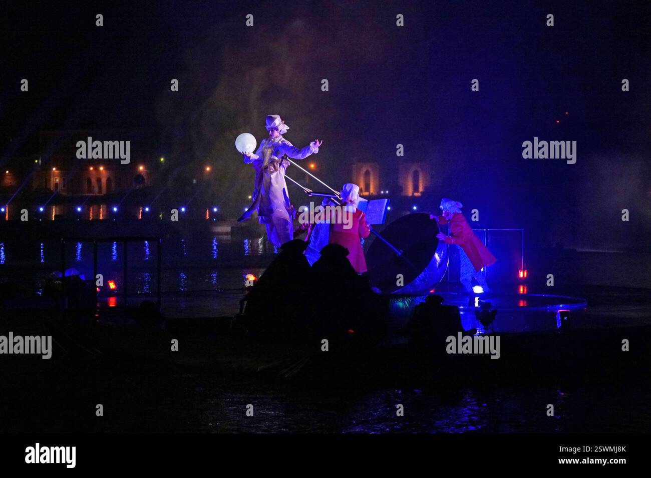 Cast members perform in a show on water titled 'Giacomo. A love story ...