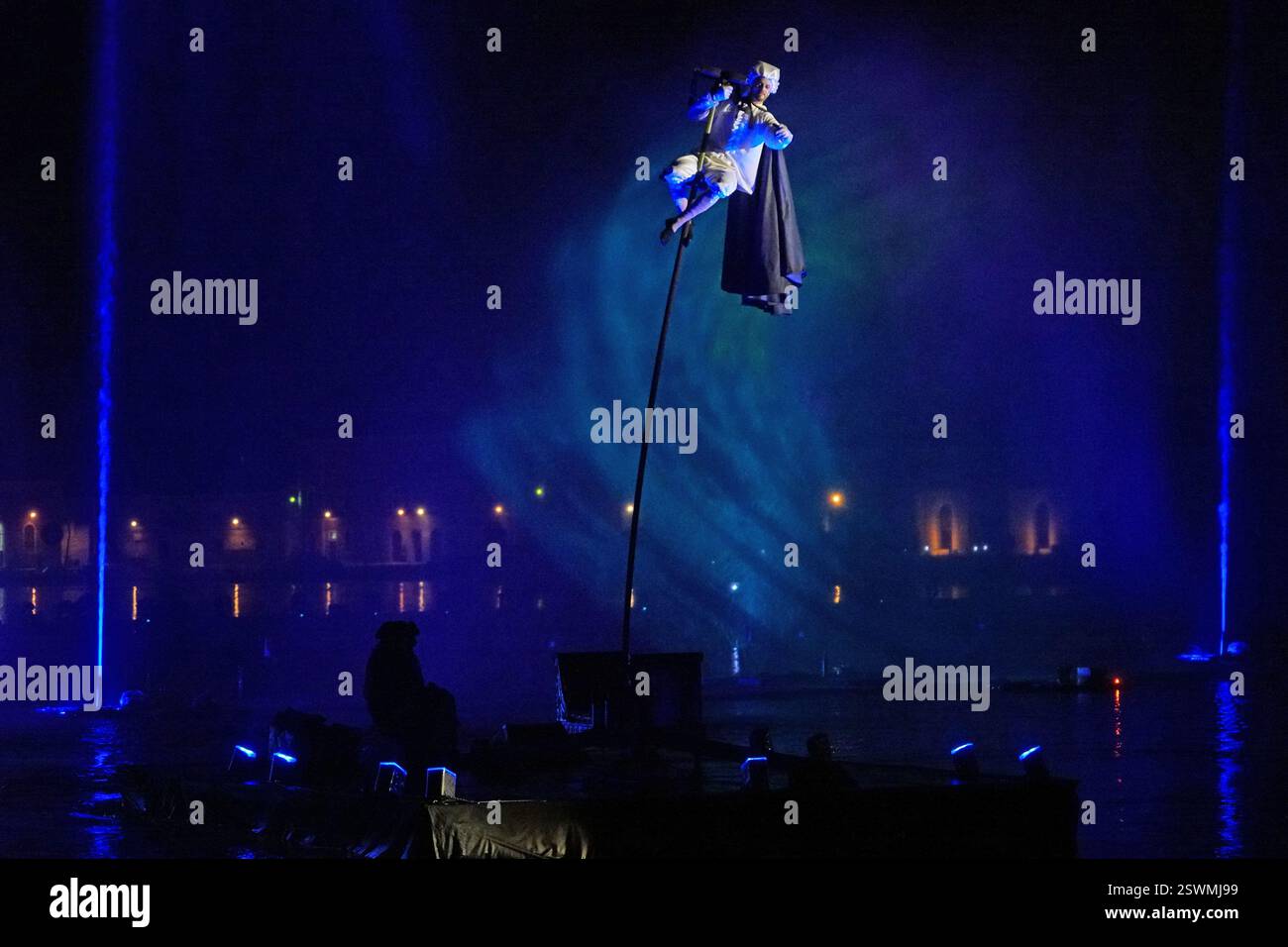 Cast members perform in a show on water titled 'Giacomo. A love story ...