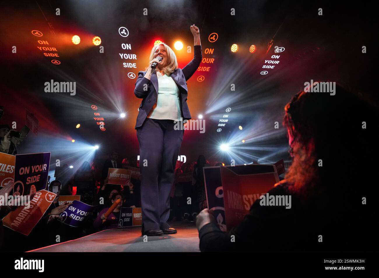 Ontario NDP Leader Marit Stiles speaks on stage during a rally for ...