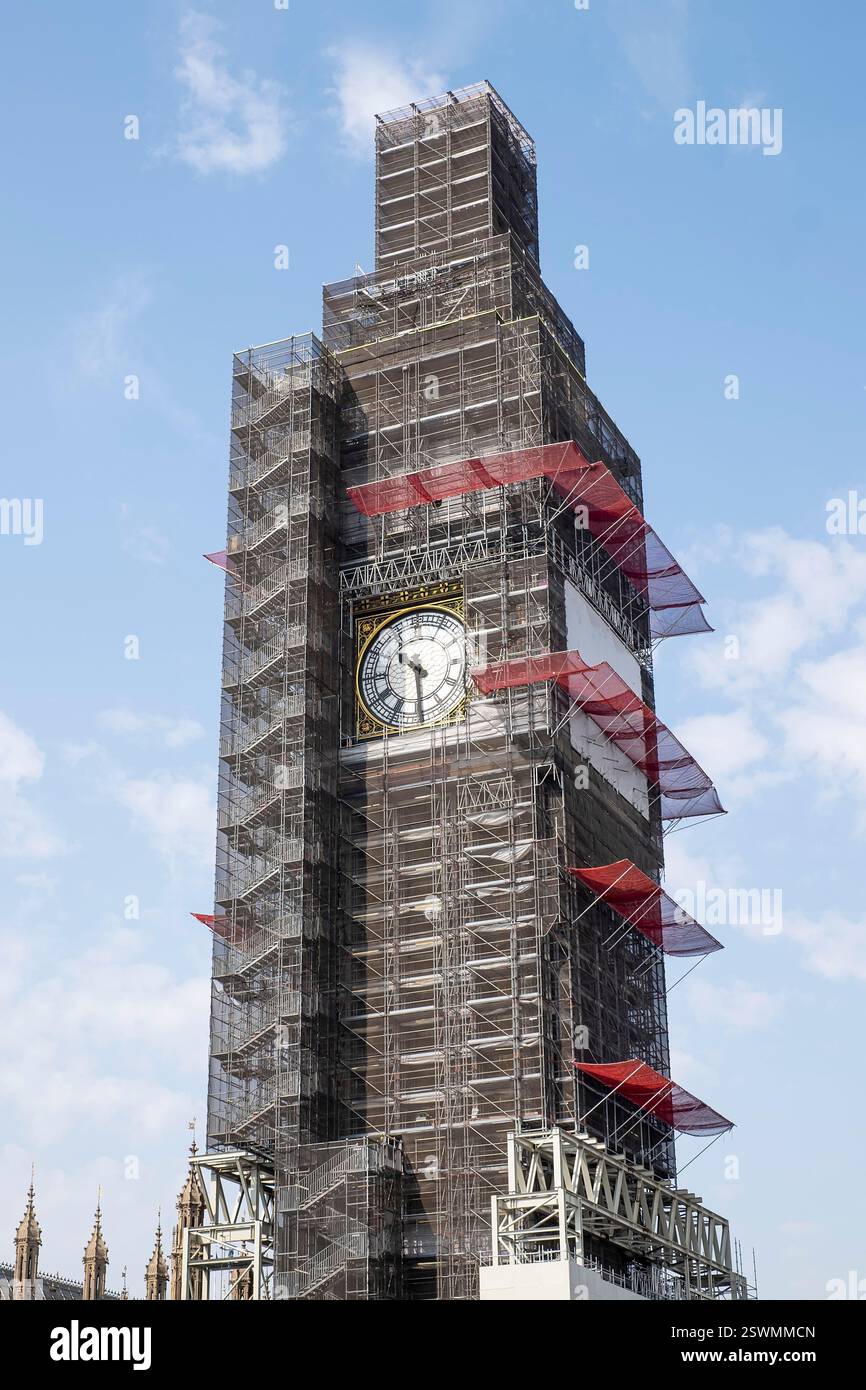 Big Ben tower completely surrounded by scaffolding, in its 2017 and 2018 refurbishment works ...