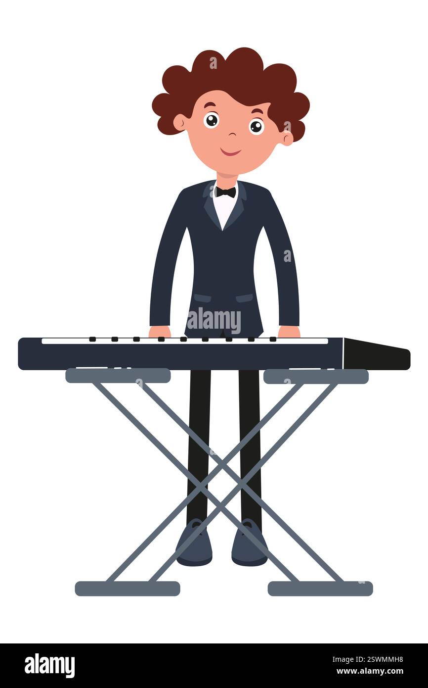 Young musician playing keyboard at a performance event in a stylish ...