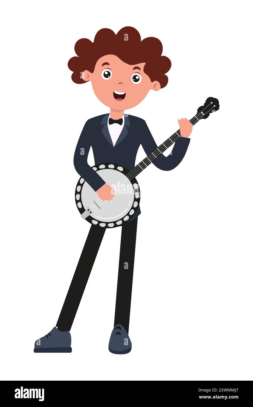 A cheerful young musician with curly hair plays the banjo joyfully ...