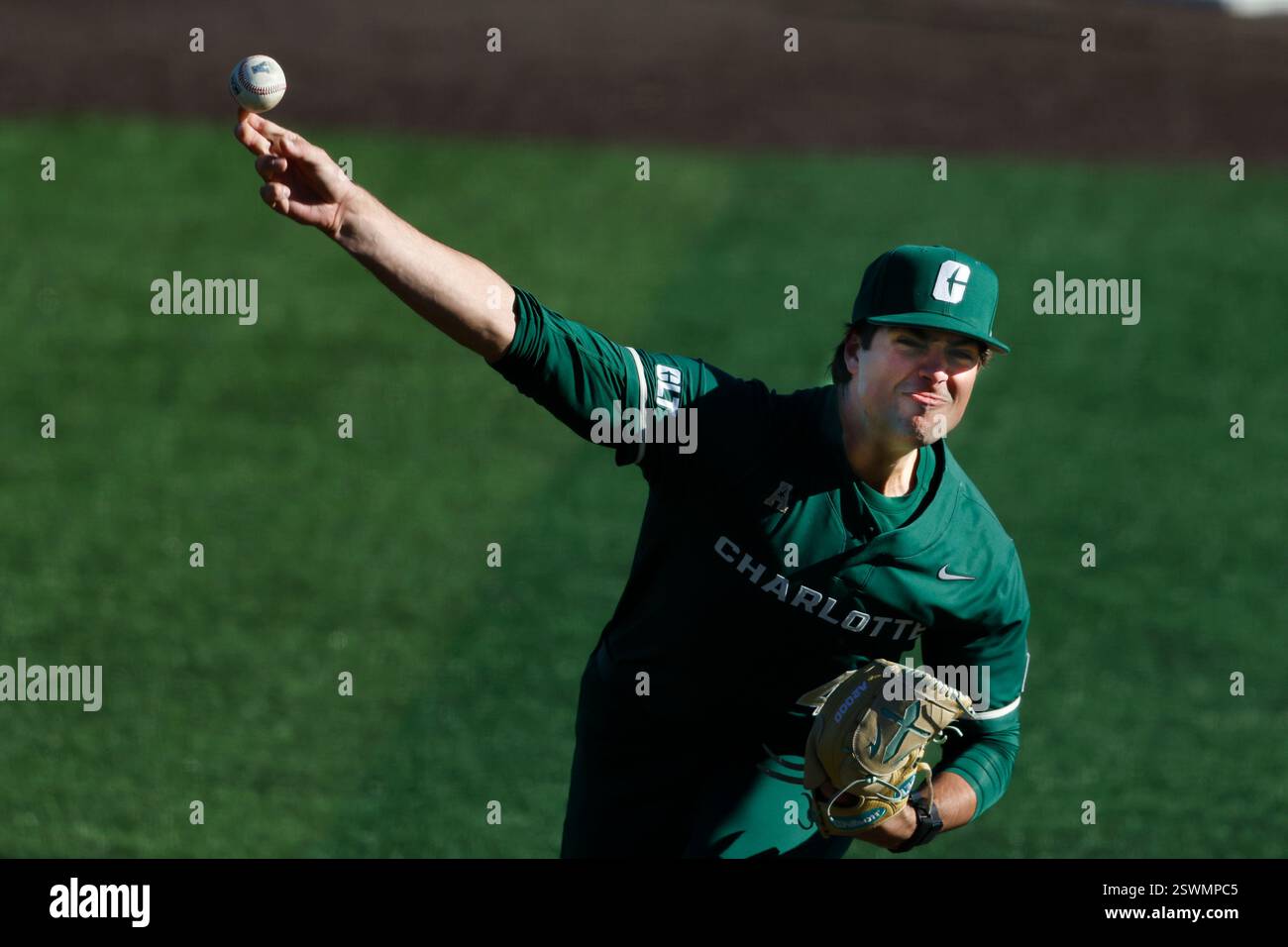 Charlotte pitcher Sebastian Perez pitches during an NCAA baseball game ...