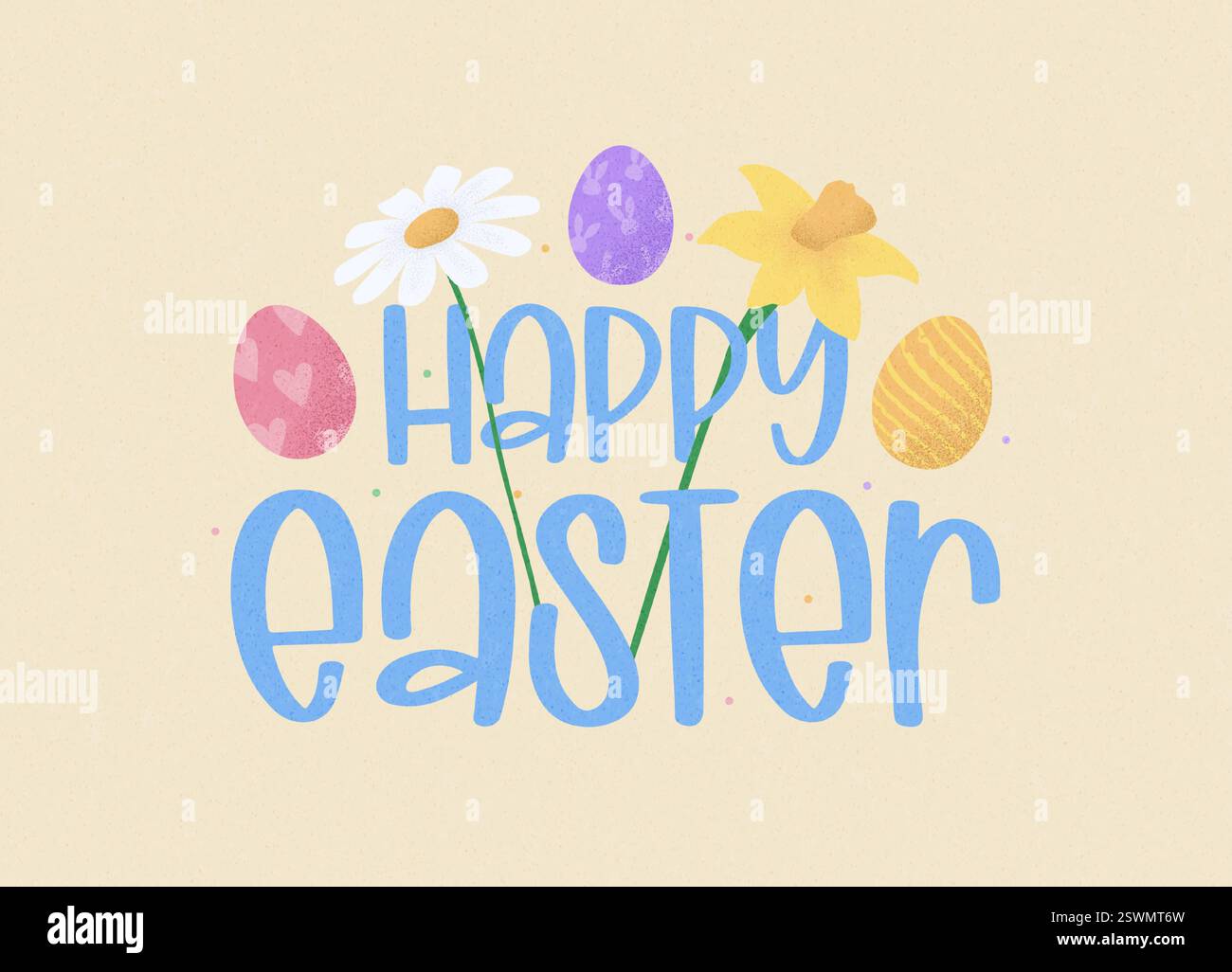Happy Easter colorful lettering. Happy Easter, egg, spring flowers and ...