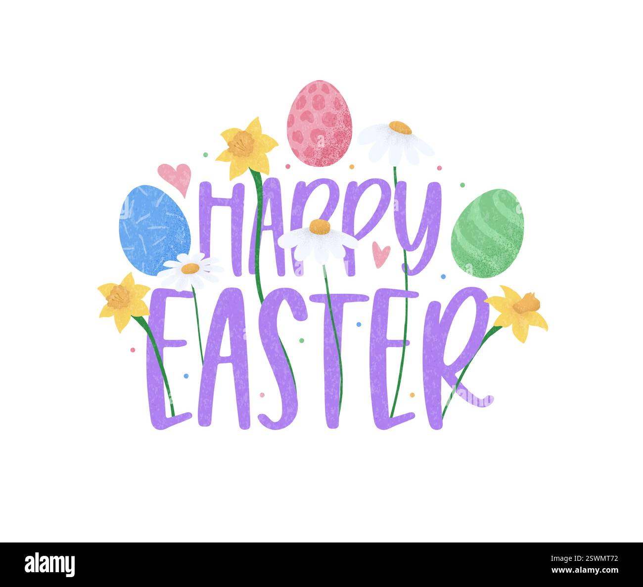 Happy Easter colorful lettering. Happy Easter, egg, spring flowers and ...