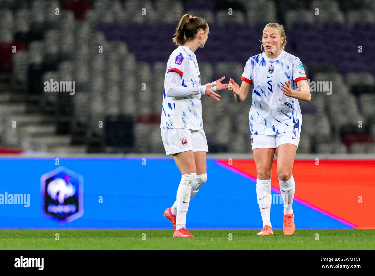 Caroline Graham Hansen and Guro Bergsvand of, Norway. , . look dejected during the Women's ...