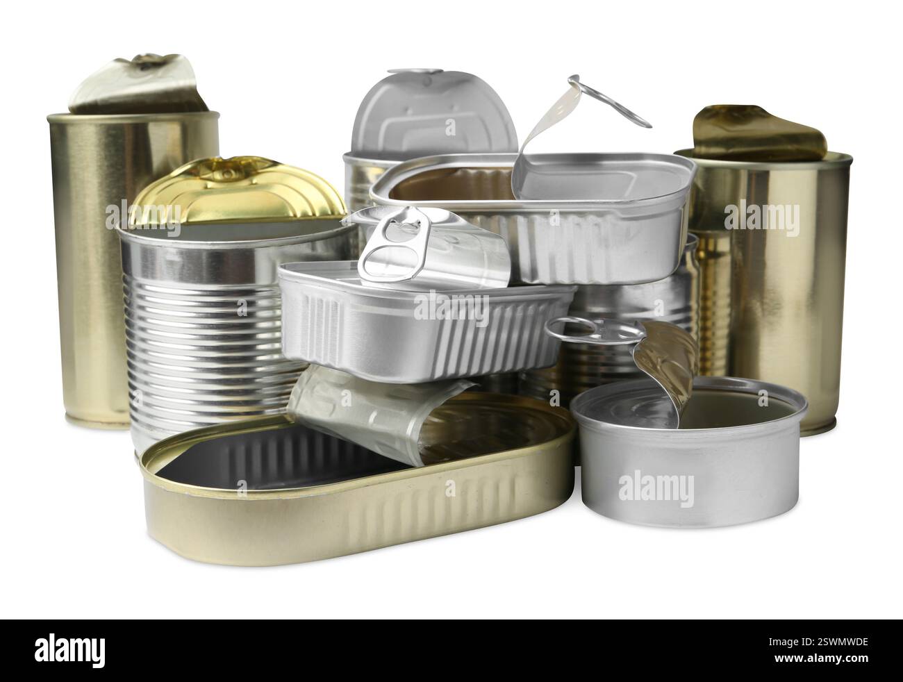 Many open tin cans isolated on white Stock Photo - Alamy