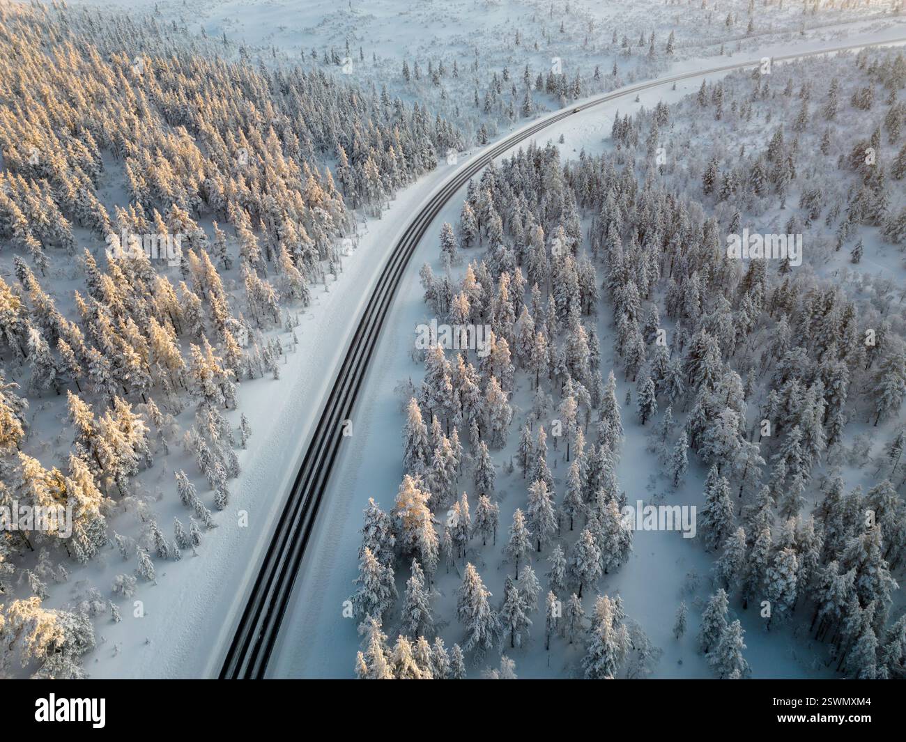 Aerial view of the road between Ivalo and Saariselka, Finland Stock ...