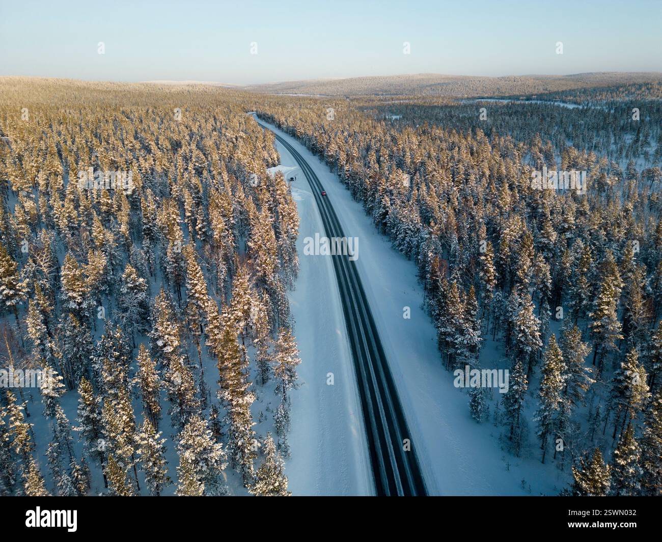 Aerial view of the road between Ivalo and Saariselka, Finland Stock ...