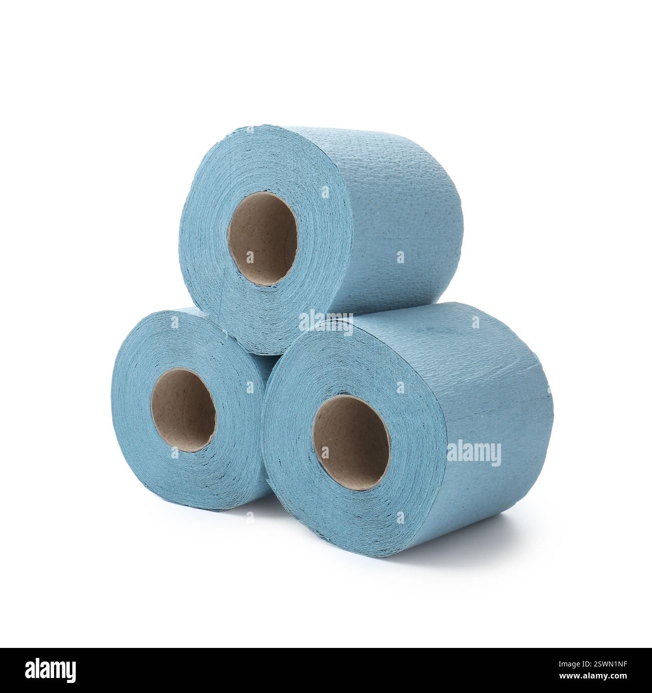 Stacked light blue toilet paper rolls isolated on white Stock Photo - Alamy