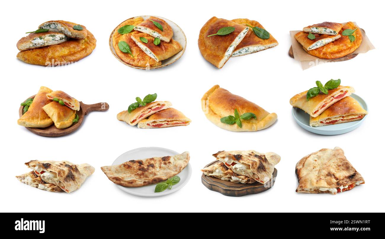 Different delicious calzones isolated on white, set Stock Photo - Alamy