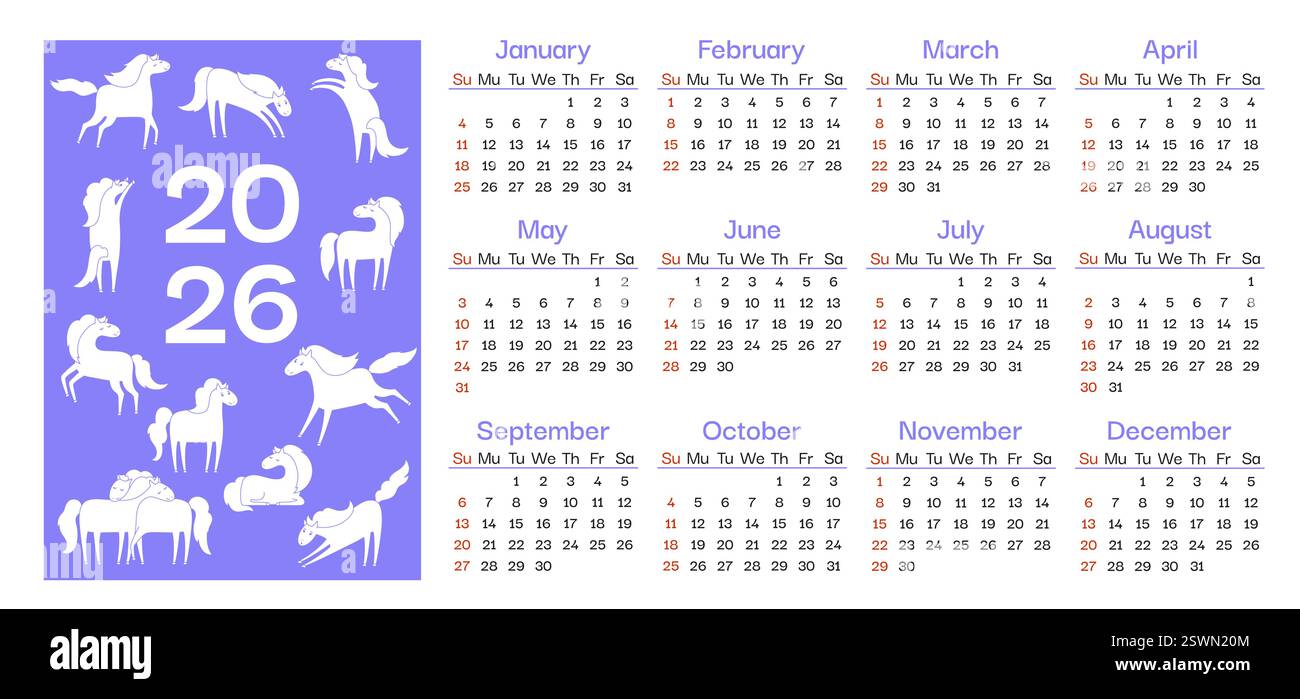 Horse calendar 2026 with mascot. Horizontal template calendar mare or ...