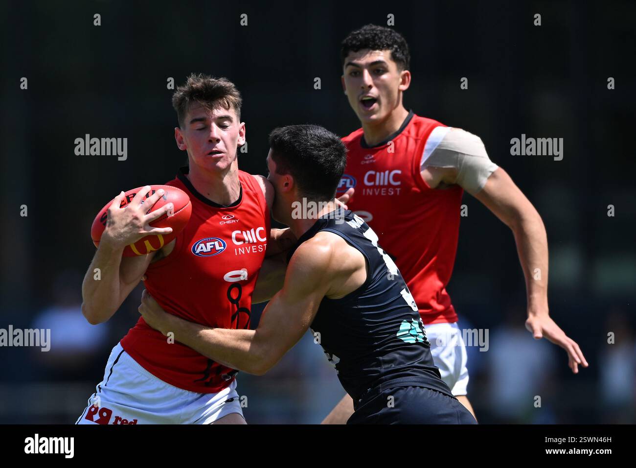 Melbourne, Australia. 22nd Feb, 2025. Hugh Boxshall of St Kilda (left ...