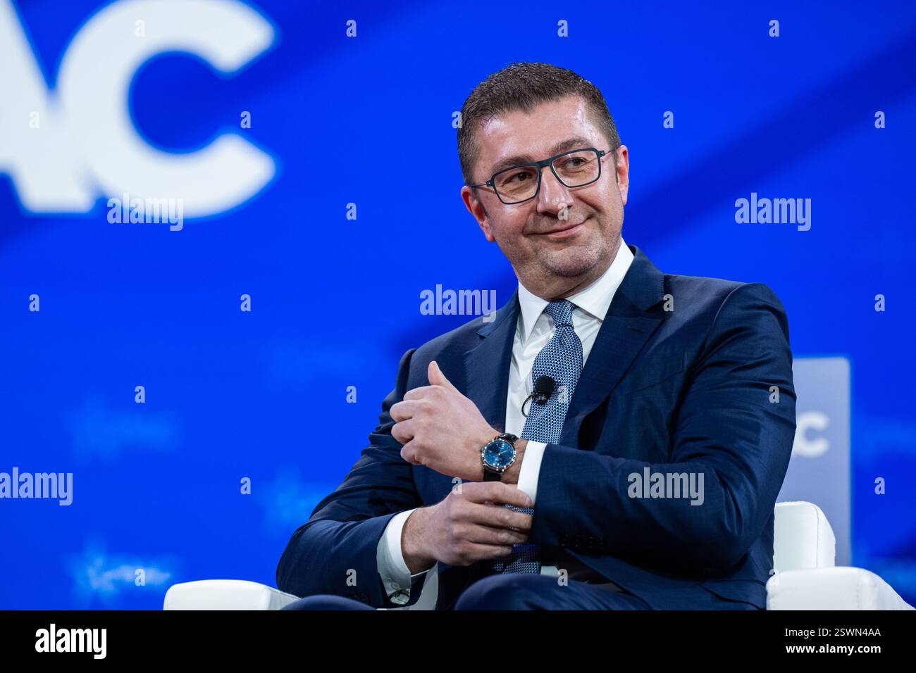 Prime Minister of North Macedonia Hristijan Mickoski speaks at the 2025 ...