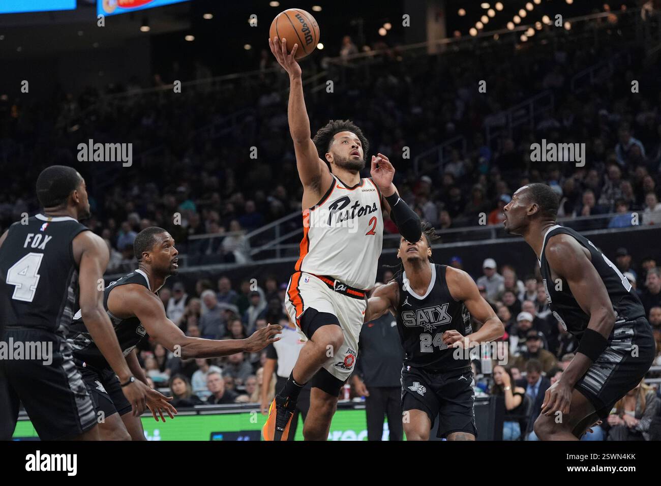 Detroit Pistons guard Cade Cunningham (2) drives to the basket against the San Antonio Spurs ...