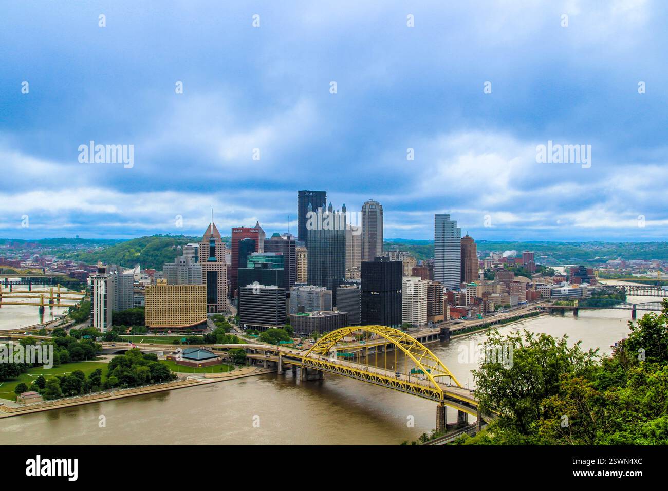 Skyline of Pittsburgh showcasing tall buildings and bridges during ...