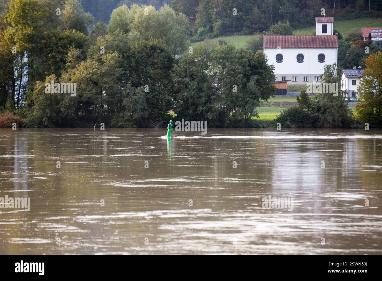 High level of the Danube river in Obernzell is seen from the Austrian ...
