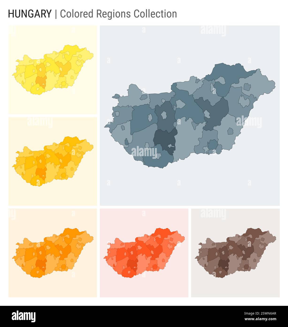 Hungary map collection. Country shape with colored regions. Blue Grey ...