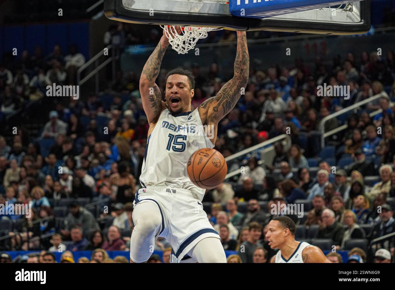 Orlando, Florida, USA, February 21, 2025, Memphis Grizzlies forward Brandon Clarke #15 makes a ...