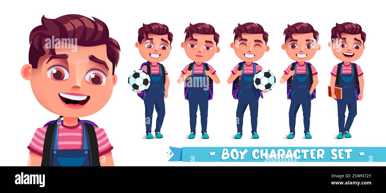 Student boy vector character set. Male characters sporty collection with happy, jolly and ...