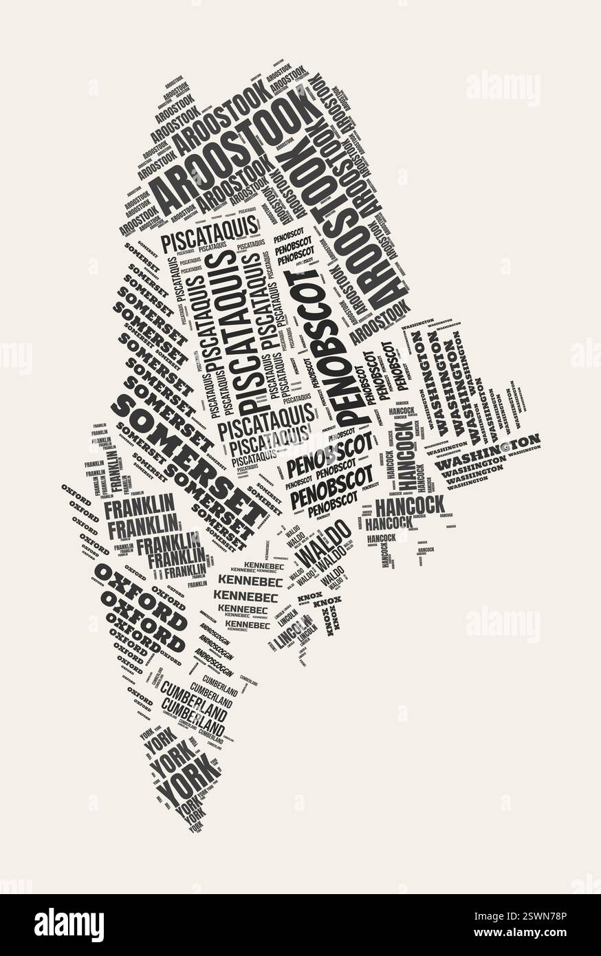 Maine word cloud. State with counties division. Maine typographic text ...