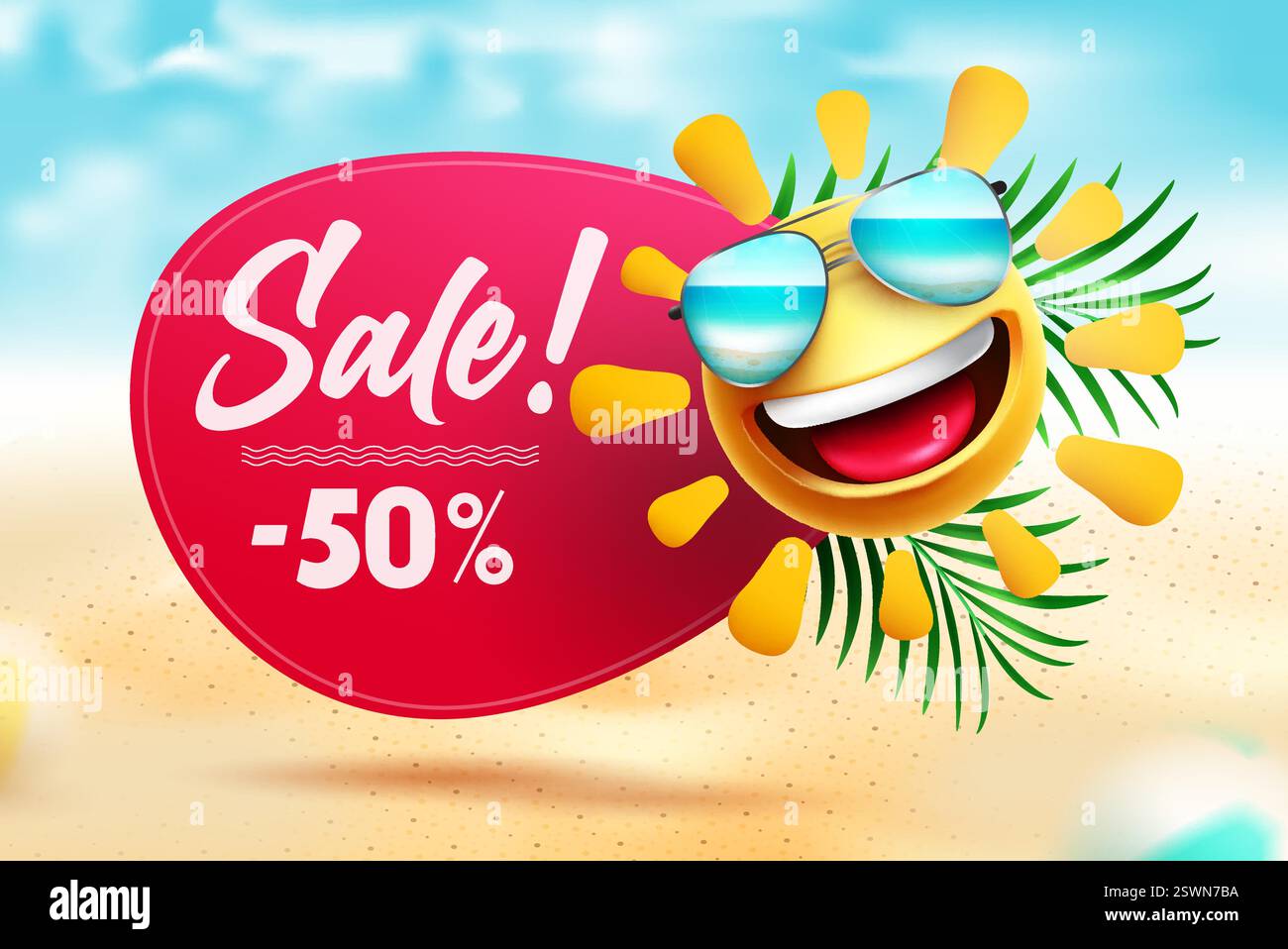 Summer sale vector banner design. Sale text and emoji in beach ...