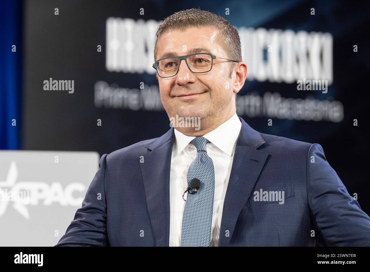 Prime Minister of North Macedonia Hristijan Mickoski speaks during 2025 ...