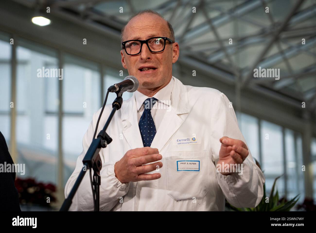 Rome, Italy. 21st Feb, 2025. The surgeon Dr. Sergio Alfieri speaks to ...