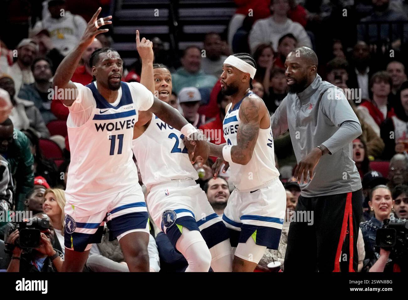 Minnesota Timberwolves guard Jaylen Clark, center, reacts after his ...