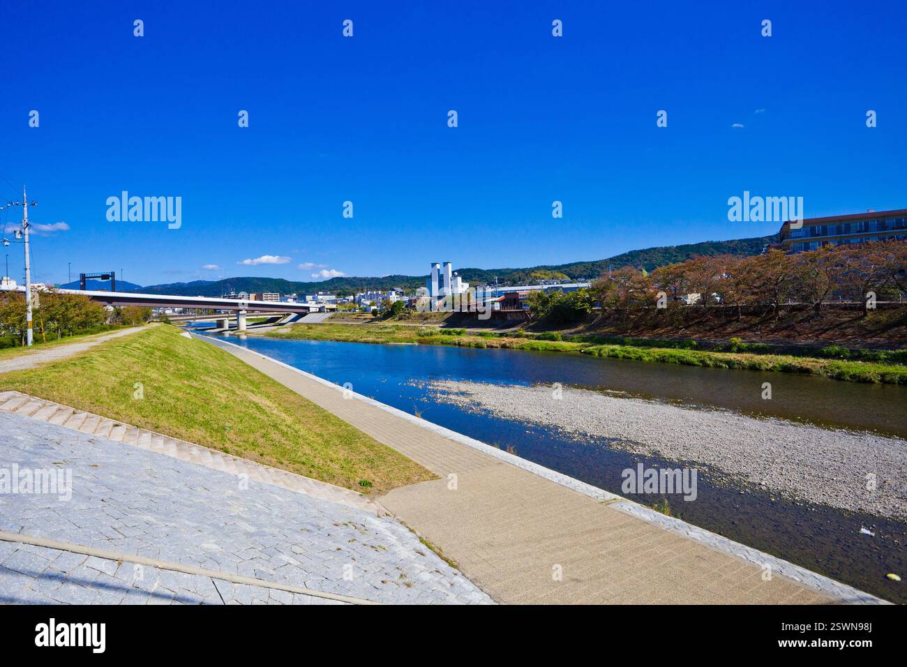 View of the walkway along the Kamo river in Kyoto, Japan Stock Photo ...
