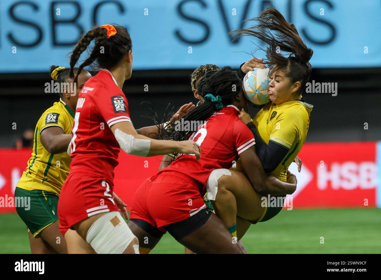 VANCOUVER, BC - FEBRUARY 21: Brazil’s Isadora Lopes is blocked during ...