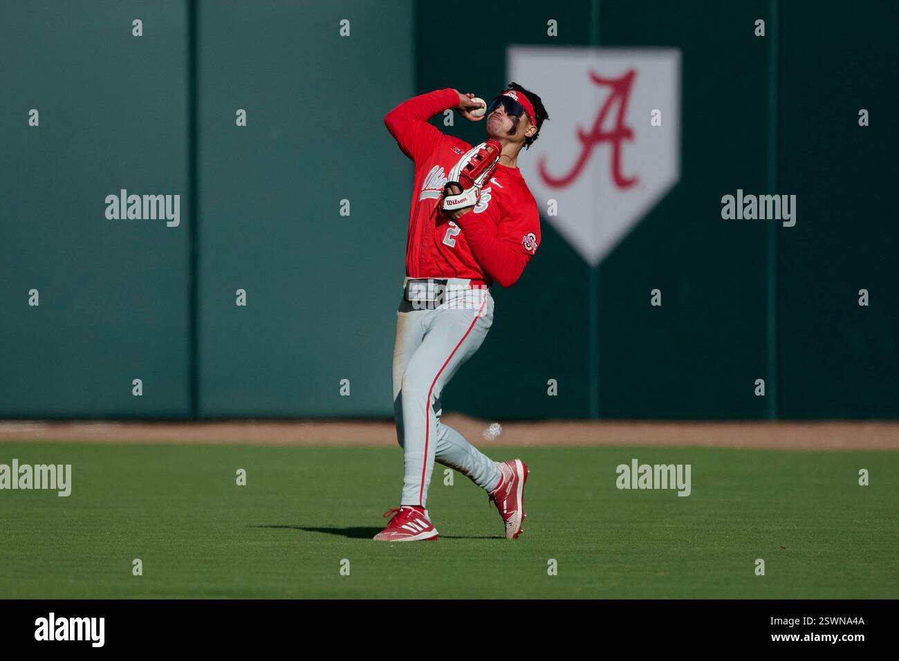 Ohio State Buckeyes outfielder Trey Lipsey (2) throws the ball in during an NCAA baseball game ...