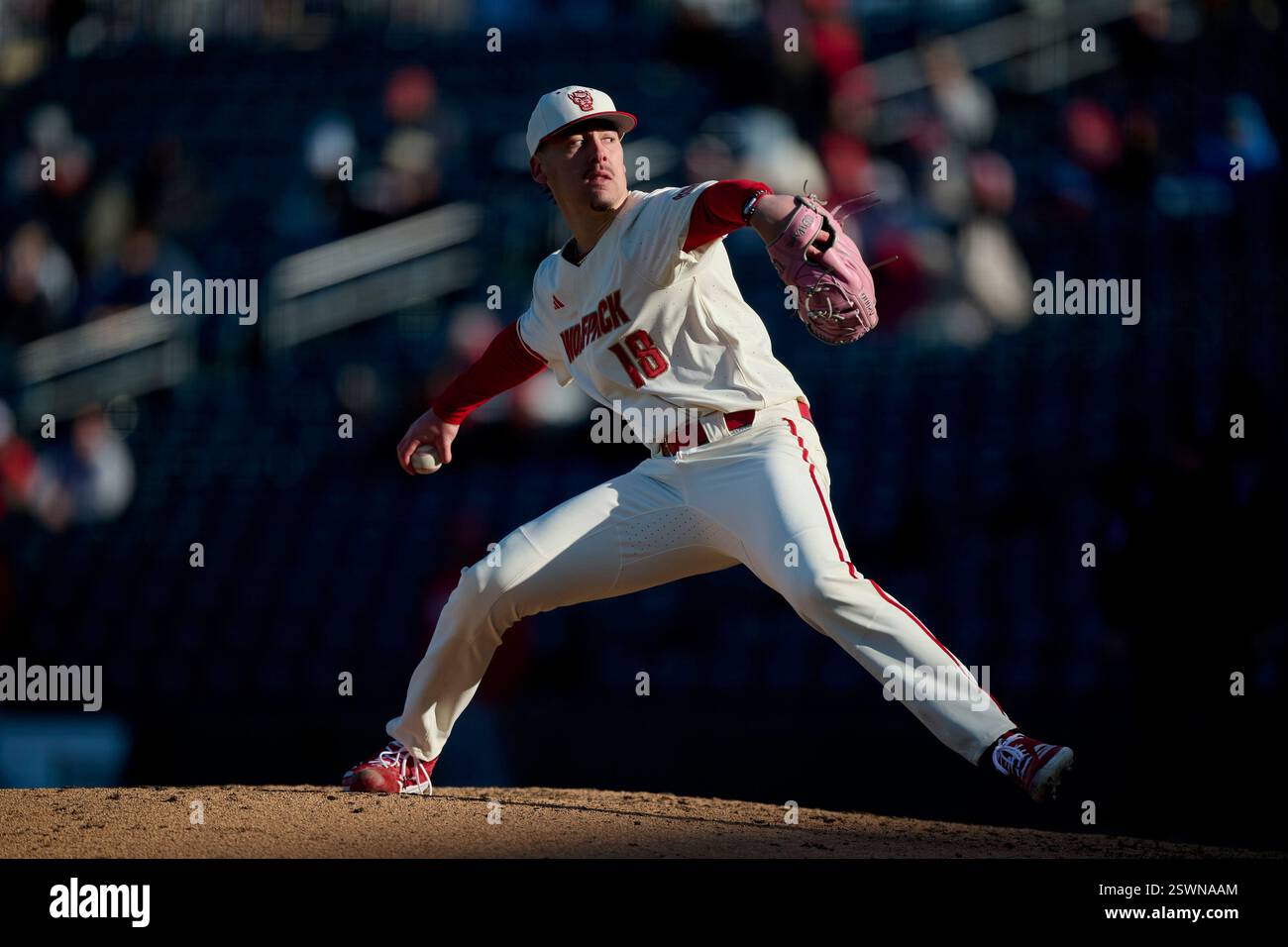 NC State Wolfpack pitcher Jaxon Lucas (18) during an NCAA baseball game ...