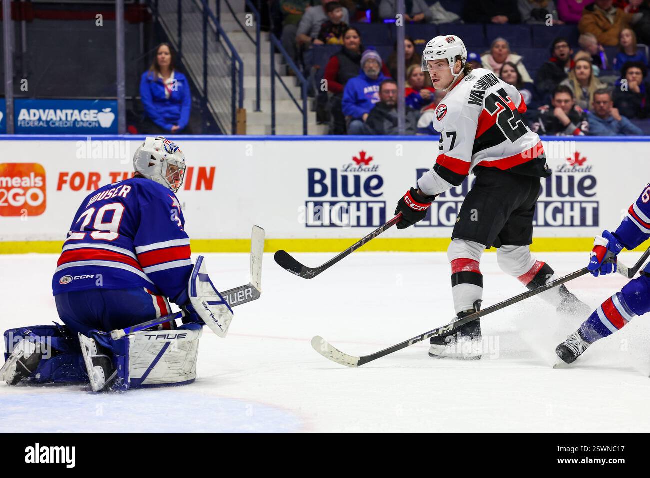 Rochester, New York, USA. 21st Feb, 2025. Belleville Senators forward ...