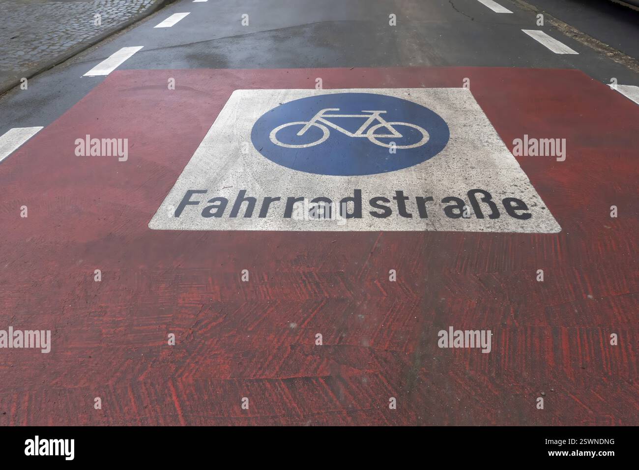 Close-up view of a fahrradstrasse sign painted on a designated bike ...