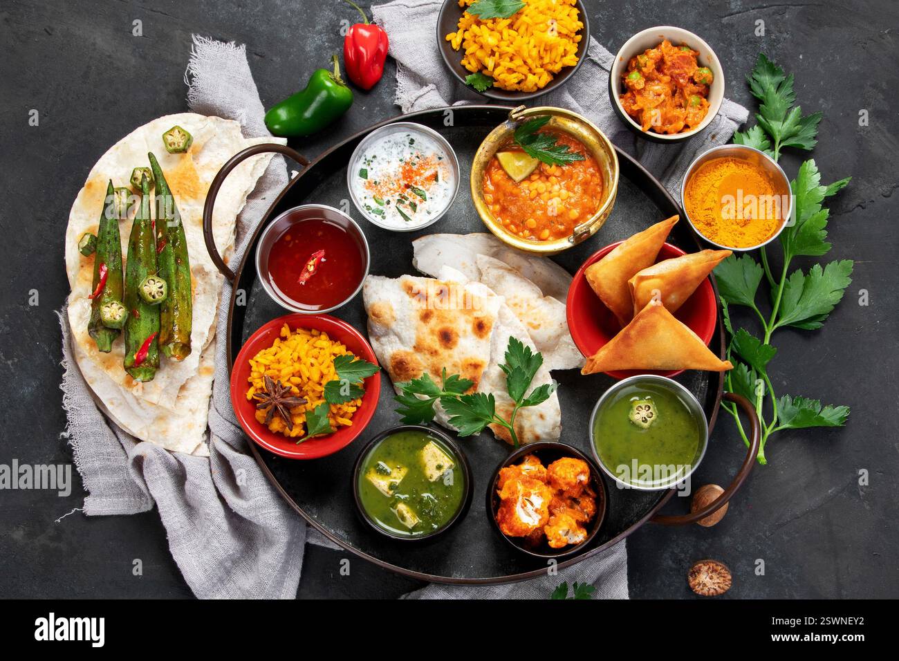 Indian Thali on dark background. Traditional food concept. Organic food ...