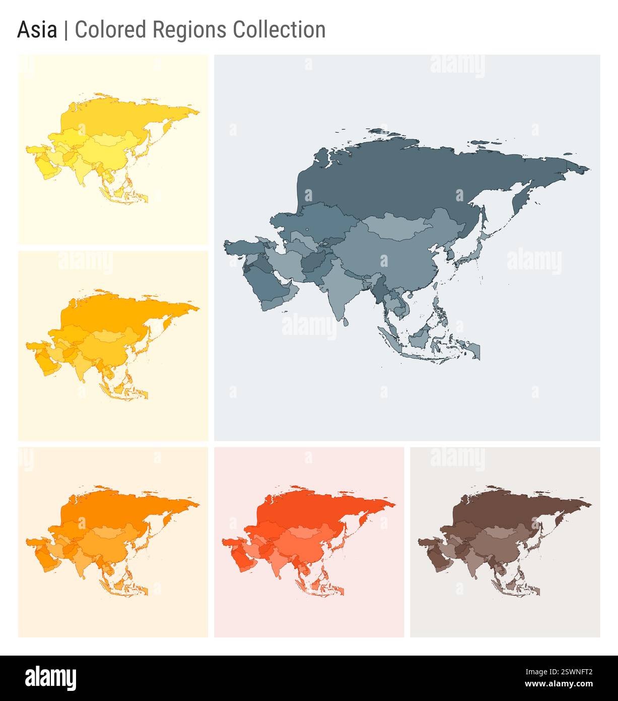Asia. Map collection. Continent shape. Colored countries. Blue Grey ...