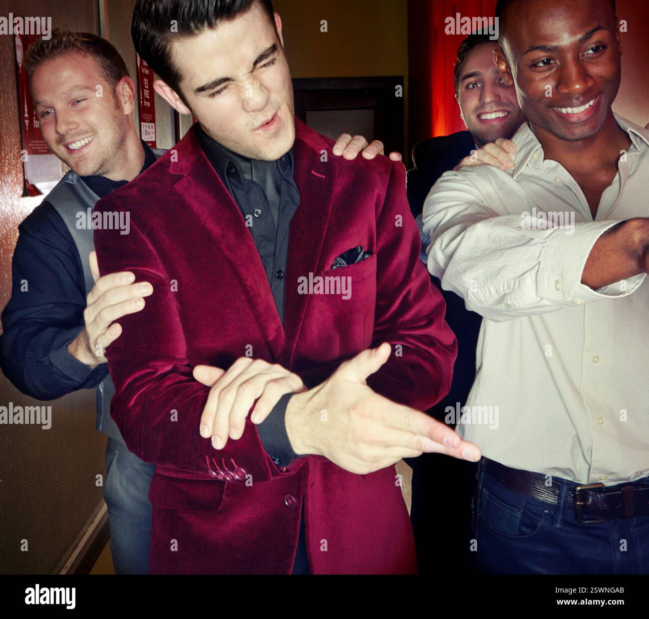 Hand gesture, nightclub and party with group of friends walking into ...