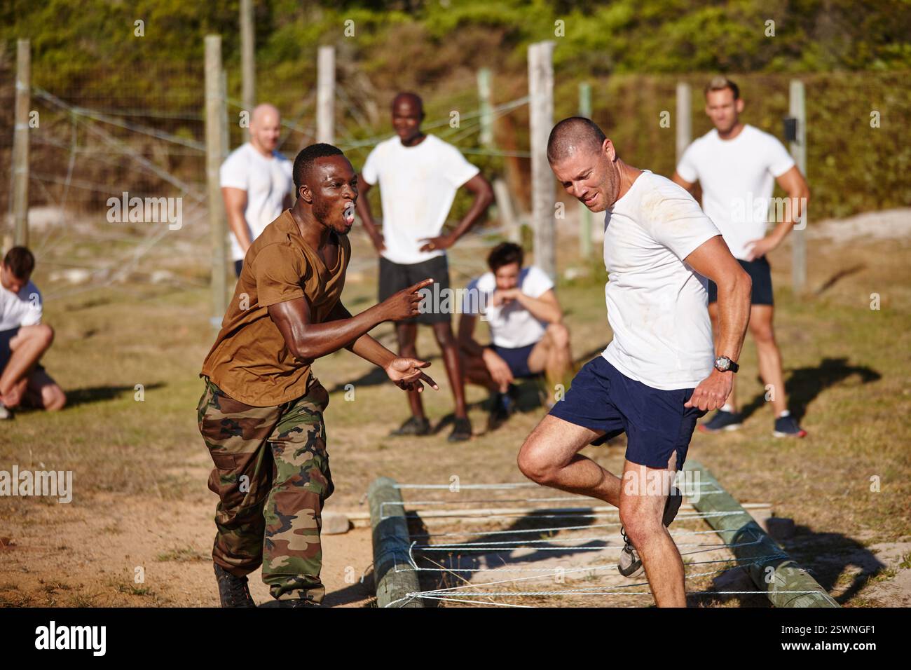 Men, fitness or instructor with drill for military training, bootcamp ...