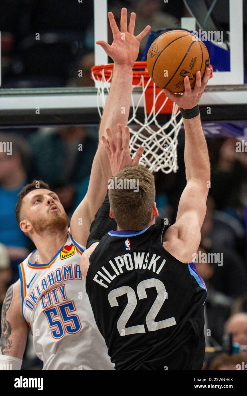 Utah Jazz forward Kyle Filipowski (22) shoots as Oklahoma City Thunder ...