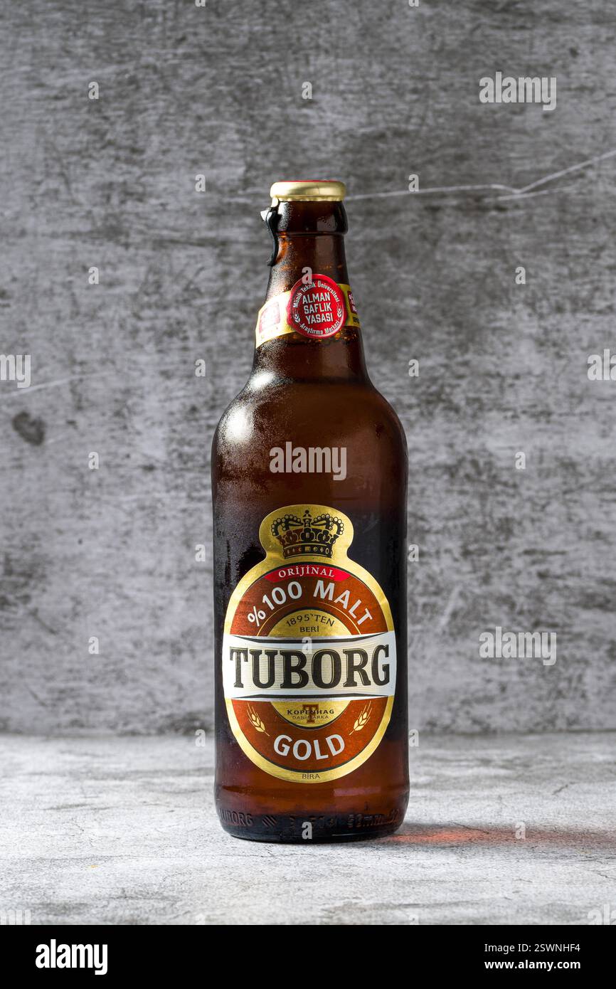 Antalya, Turkey - November 7, 2023: Front view of Tuborg beer bottle on ...