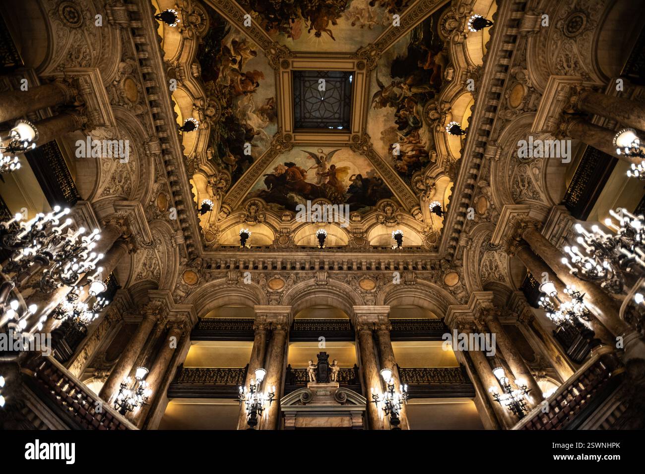 Ceiling Frescoes and Chandeliers in the Grand Staircase Hall of Opera ...