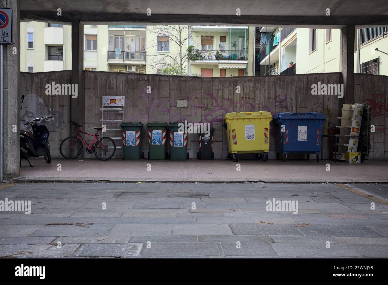 Mantova, Italy - 17TH FEBRUARY 2025 - Trash bins and garbage under a ...