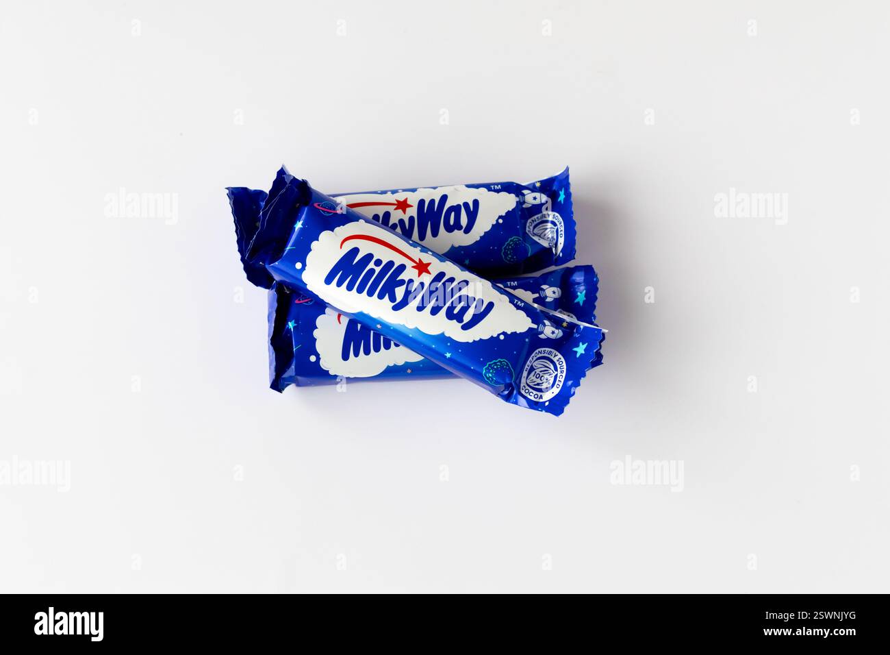Three Milky Way chocolate/candy bars on a white background Stock Photo ...